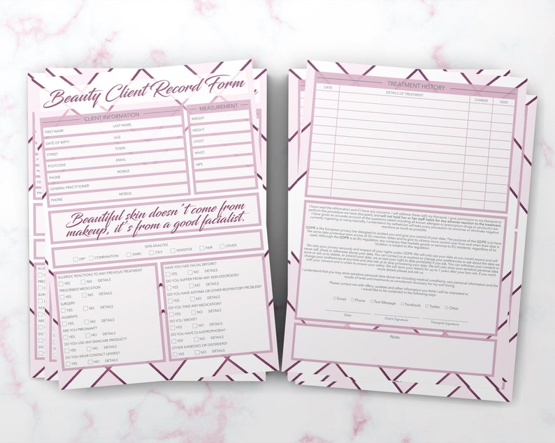 Beauty Client Record Form Consultation Treatment Salon Stationery ...