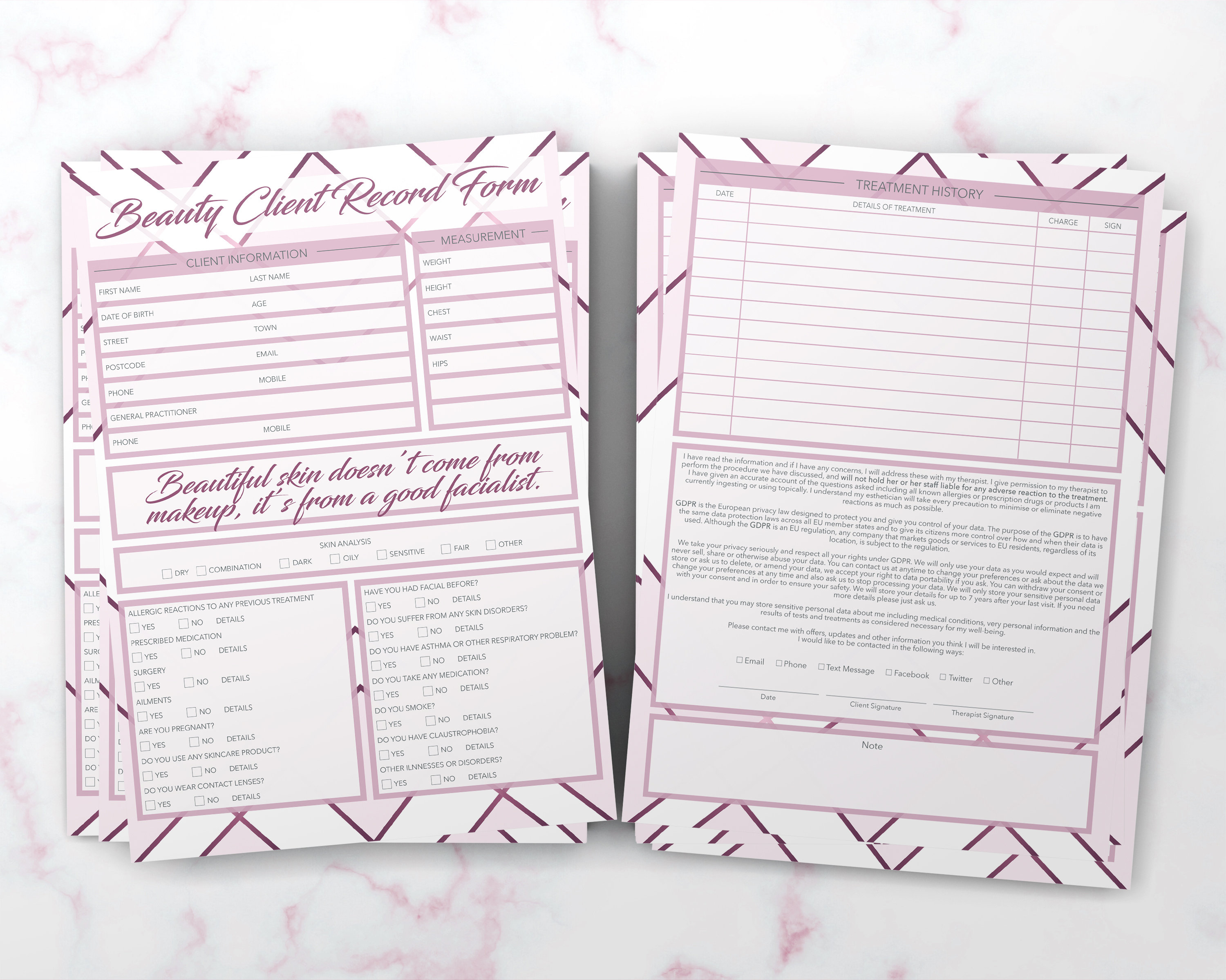 Beauty Client Record Form Consultation Treatment Salon Stationery ...