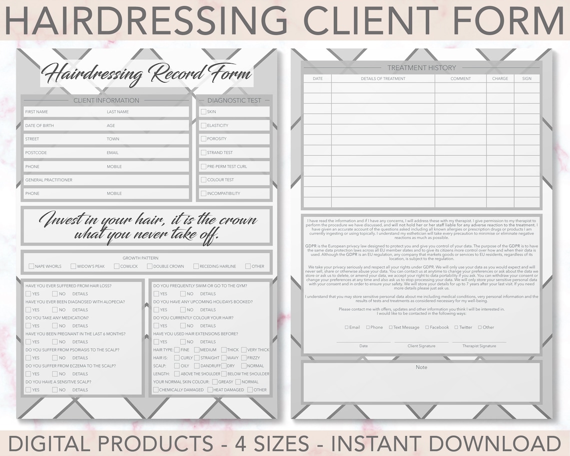 Hairdressing Client Record Form Consultation Treatment Salon Stationery ...