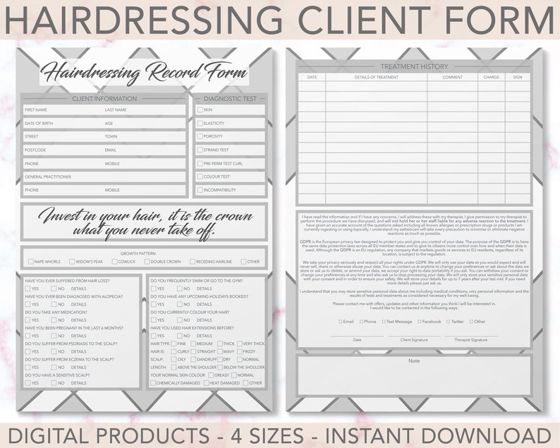 Hairdressing Client Record Form Consultation Treatment Salon Stationery ...