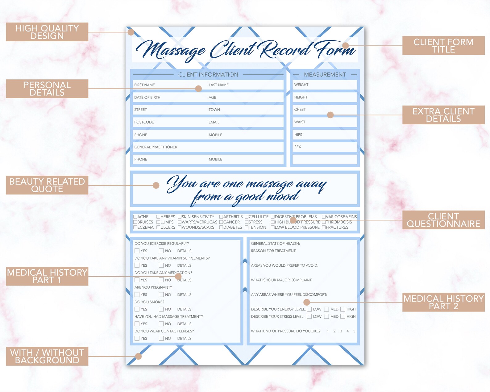 Massage Client Record Form Consultation Treatment Salon Stationery ...