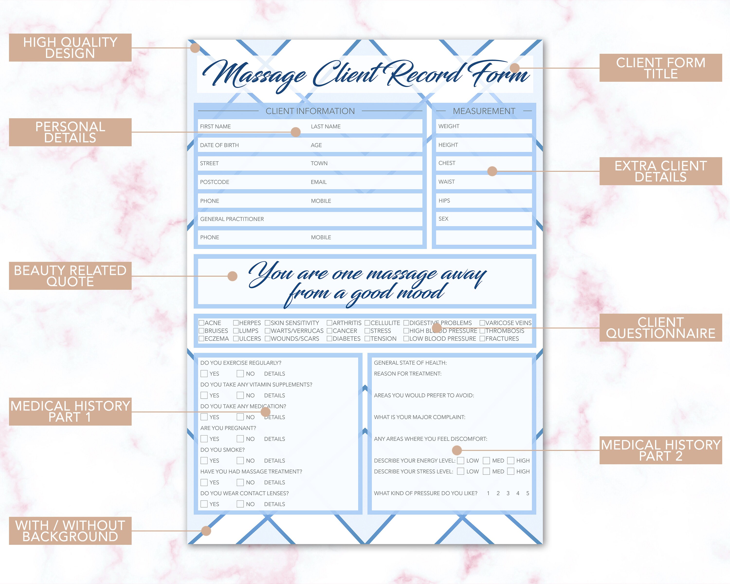Massage Client Record Form Consultation Treatment Salon Stationery ...