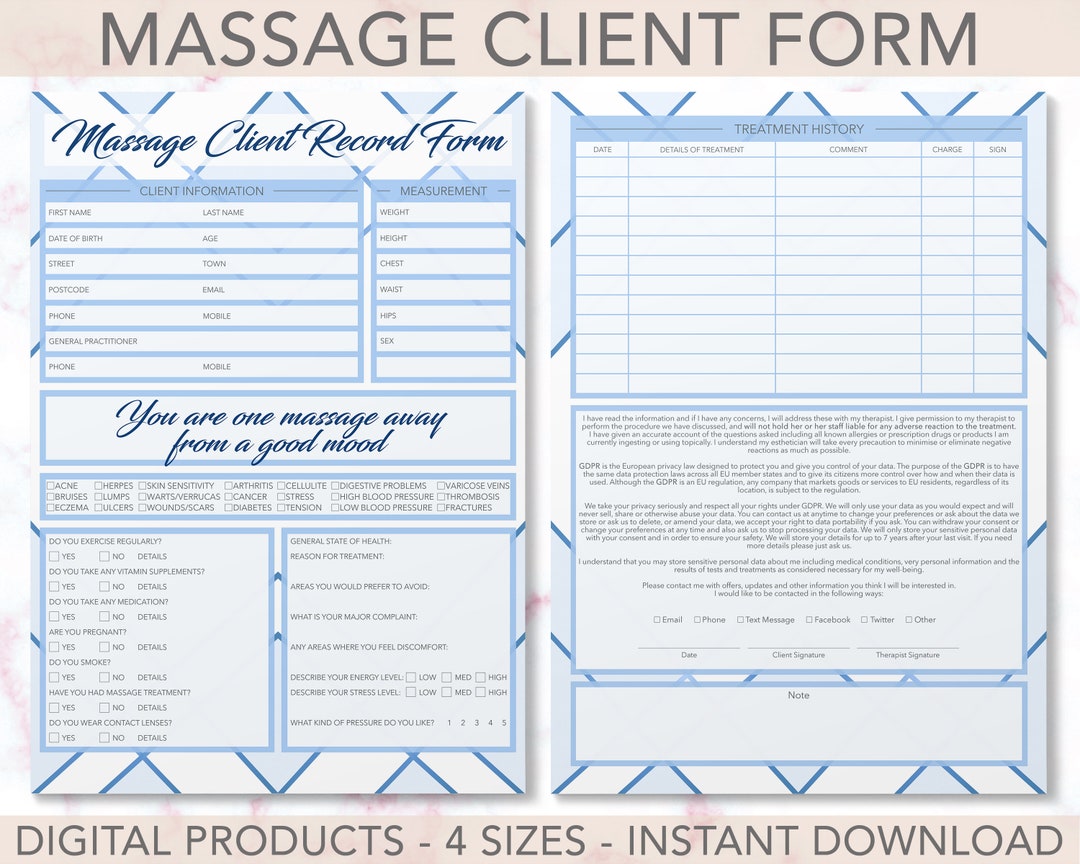 Massage Client Record Form Consultation Treatment Salon Stationery ...