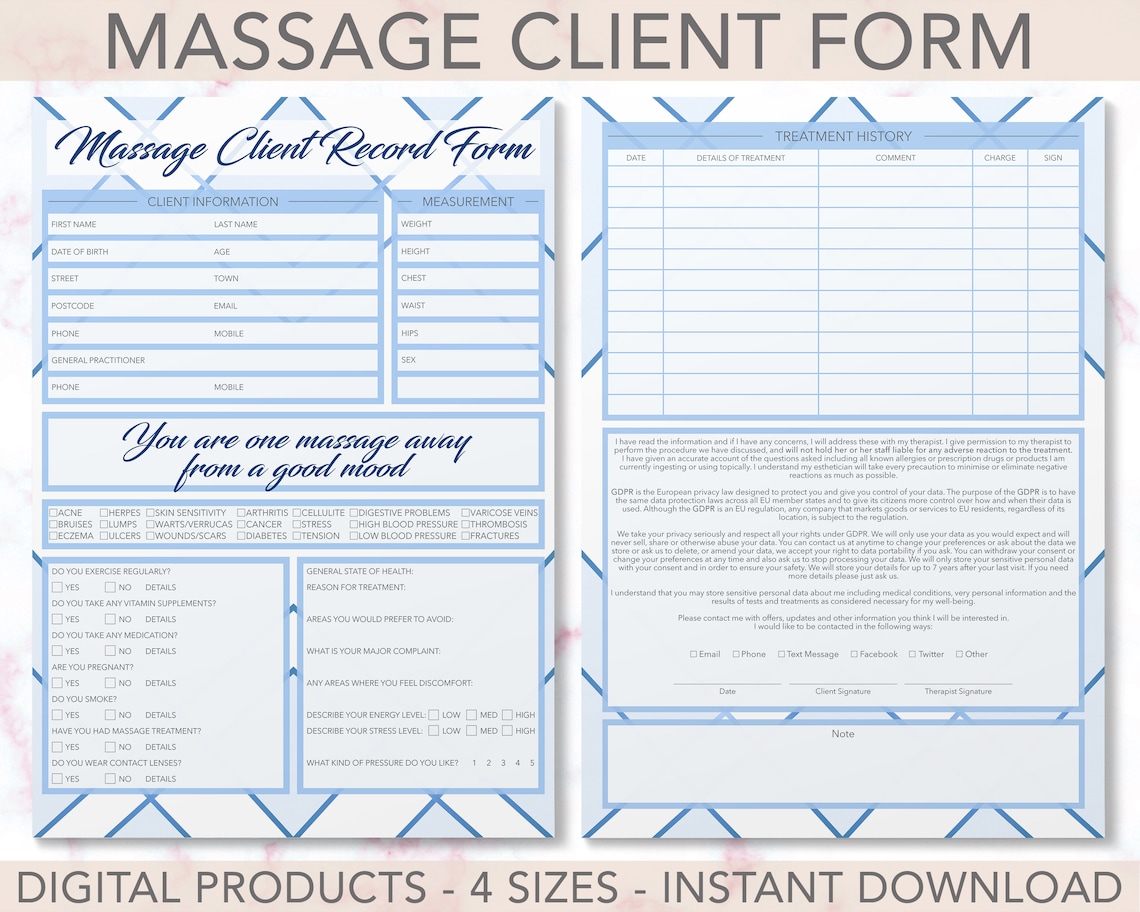 Massage Client Record Form Consultation Treatment Salon Stationery ...