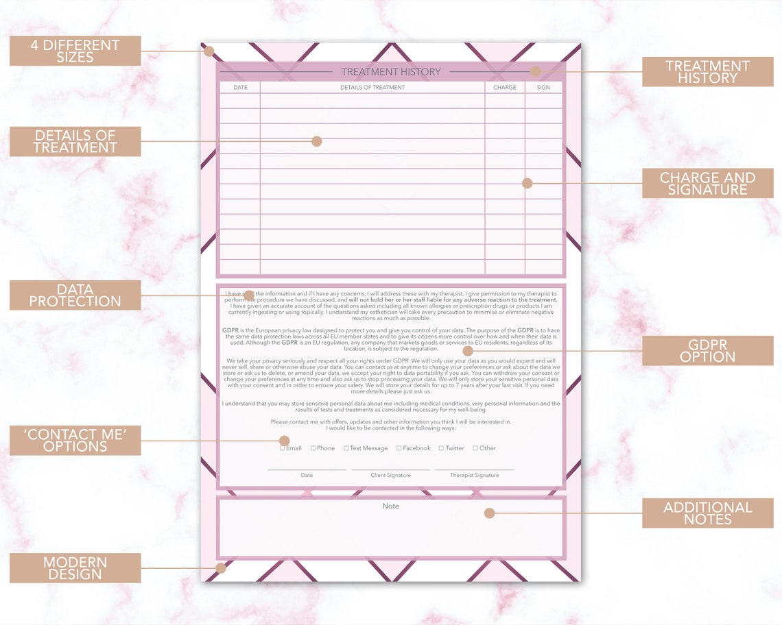 Beauty Client Record Form Consultation Treatment Salon Stationery ...