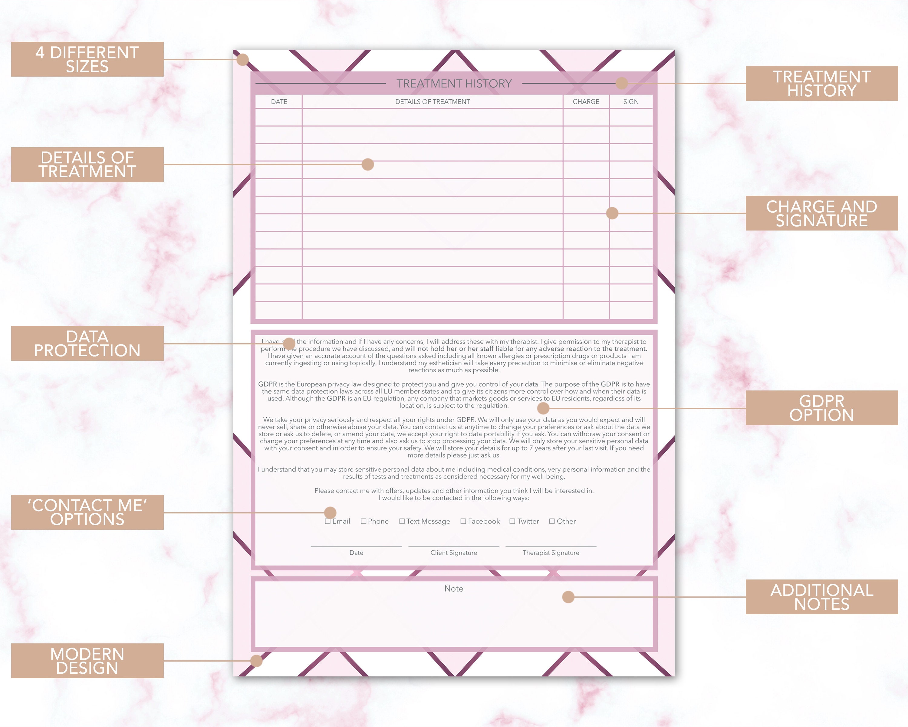 Beauty Client Record Form Consultation Treatment Salon Stationery ...