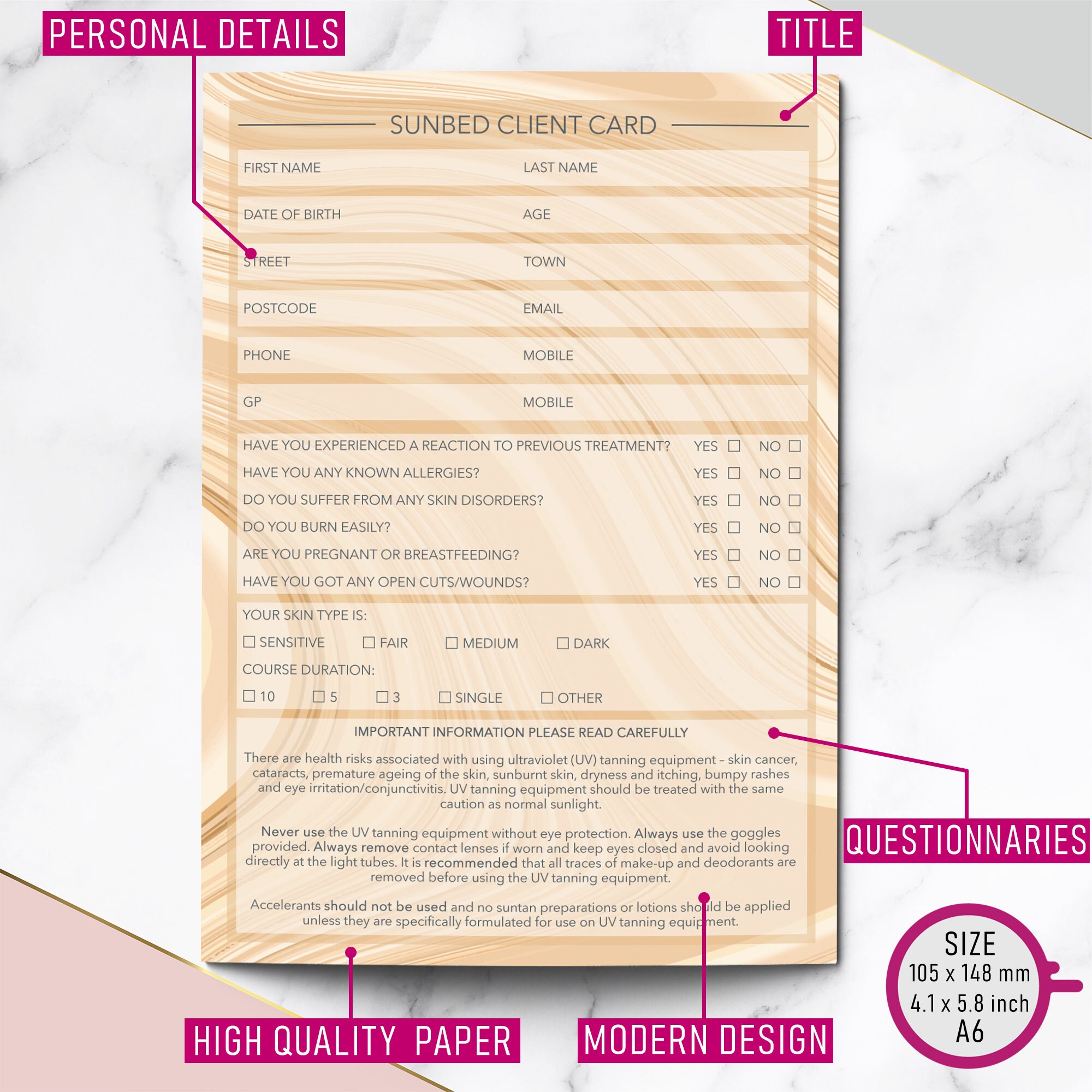 Sunbed Client Card / Client Record Card / Treatment Consultation Card ...