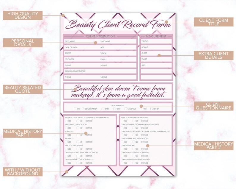 Beauty Client Record Form Consultation Treatment Salon Stationery ...