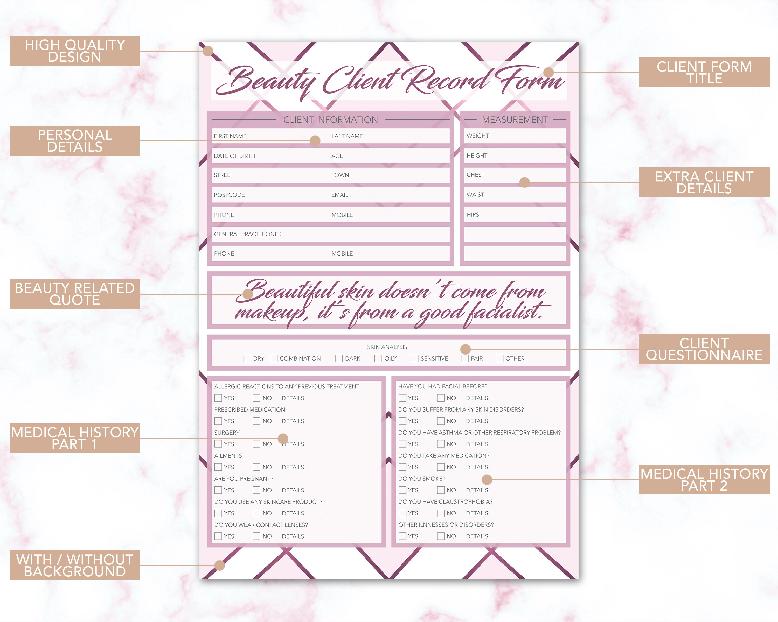 Beauty Client Record Form Consultation Treatment Salon Stationery ...