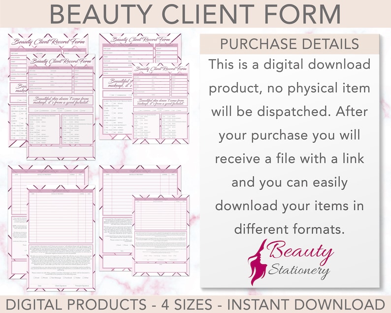 Beauty Client Record Form Consultation Treatment Salon Stationery ...