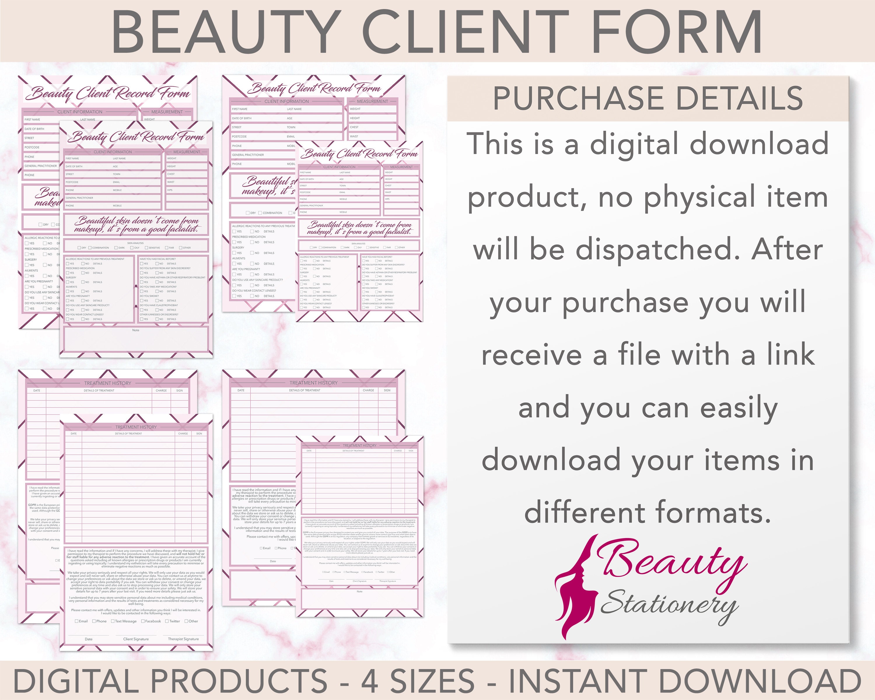 Beauty Client Record Form Consultation Treatment Salon Stationery ...