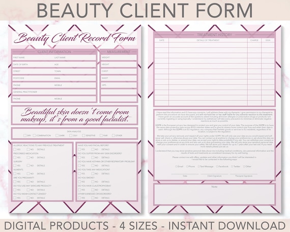 Beauty Client Record Form Consultation Treatment Salon | Etsy Canada