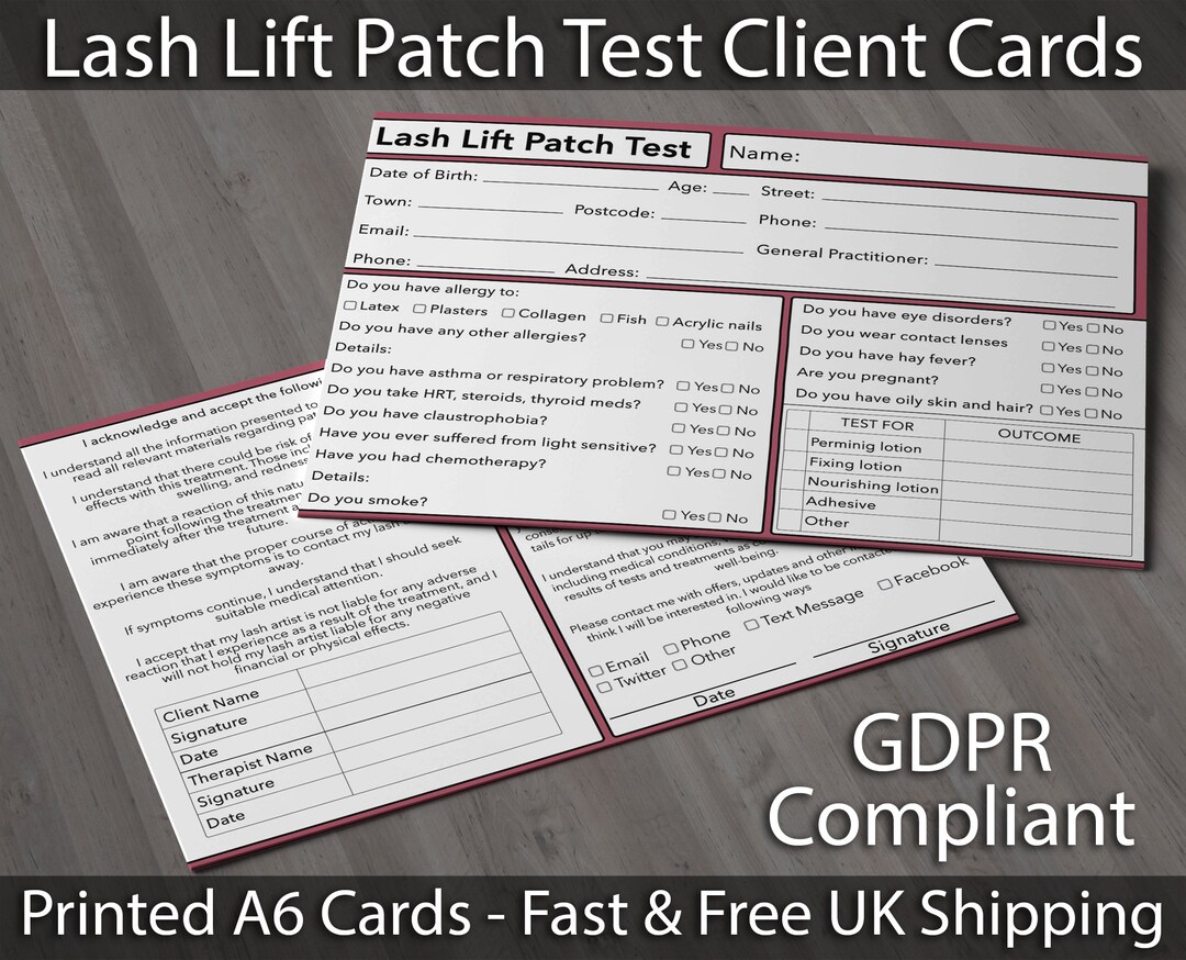 Lash Lift Patch Test Client Card / GDPR Compliant Client Record Card ...