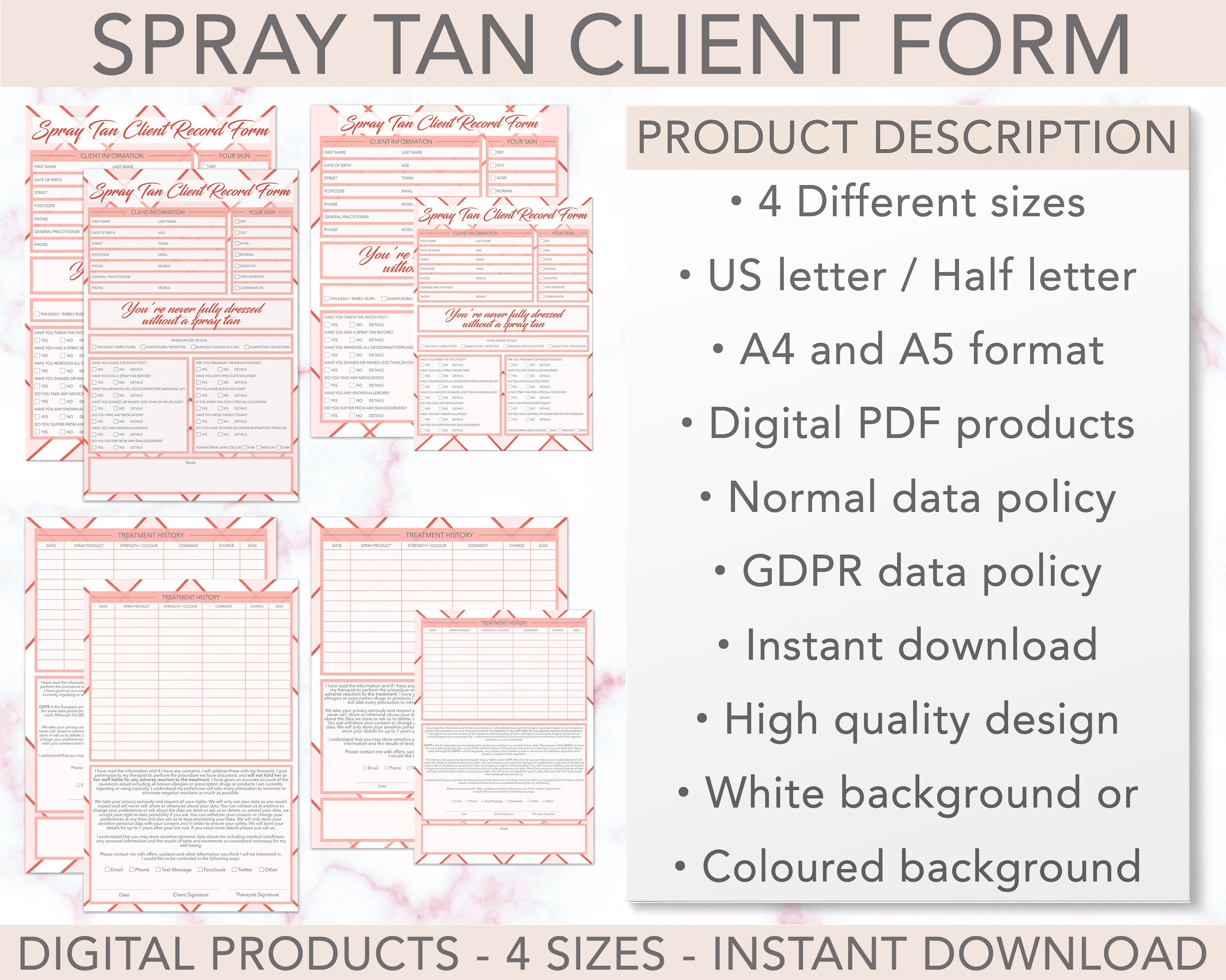 Spray Tan Client Record Form Consultation Treatment Salon Stationery ...