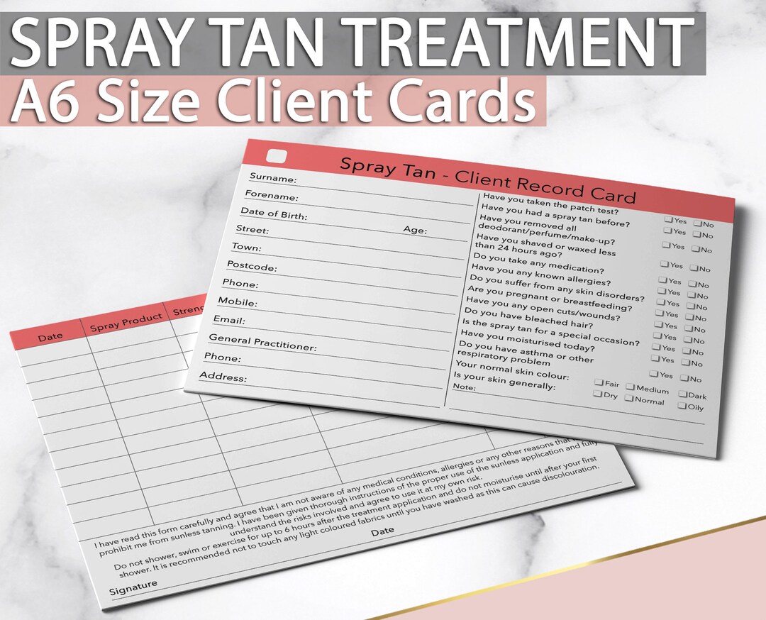 Spray Tan Client Card / Client Record Card / Treatment Consultation ...