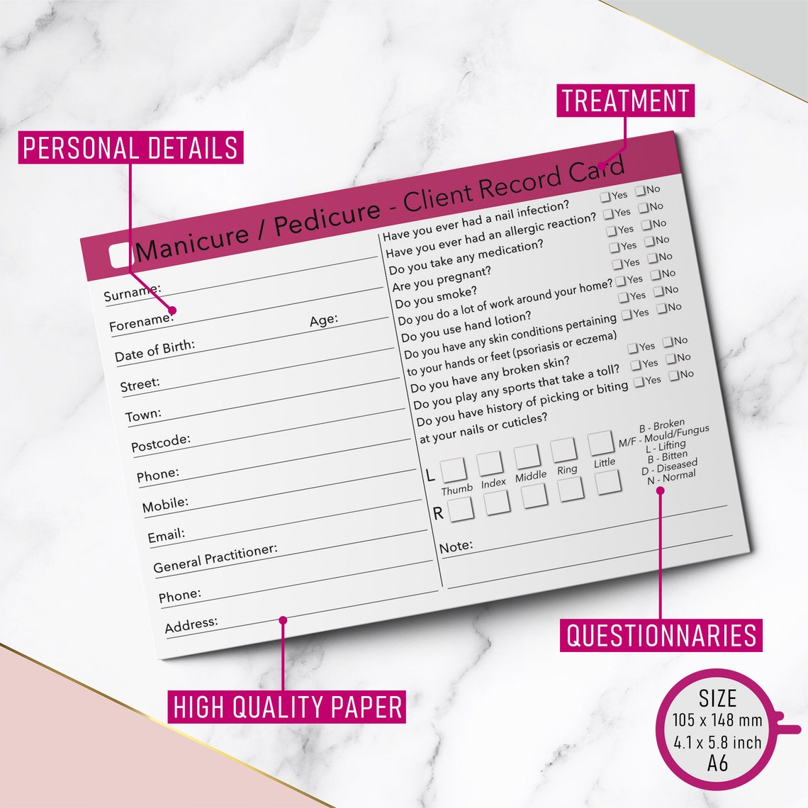 Manicure / Pedicure Client Card / Client Record Card / Treatment ...