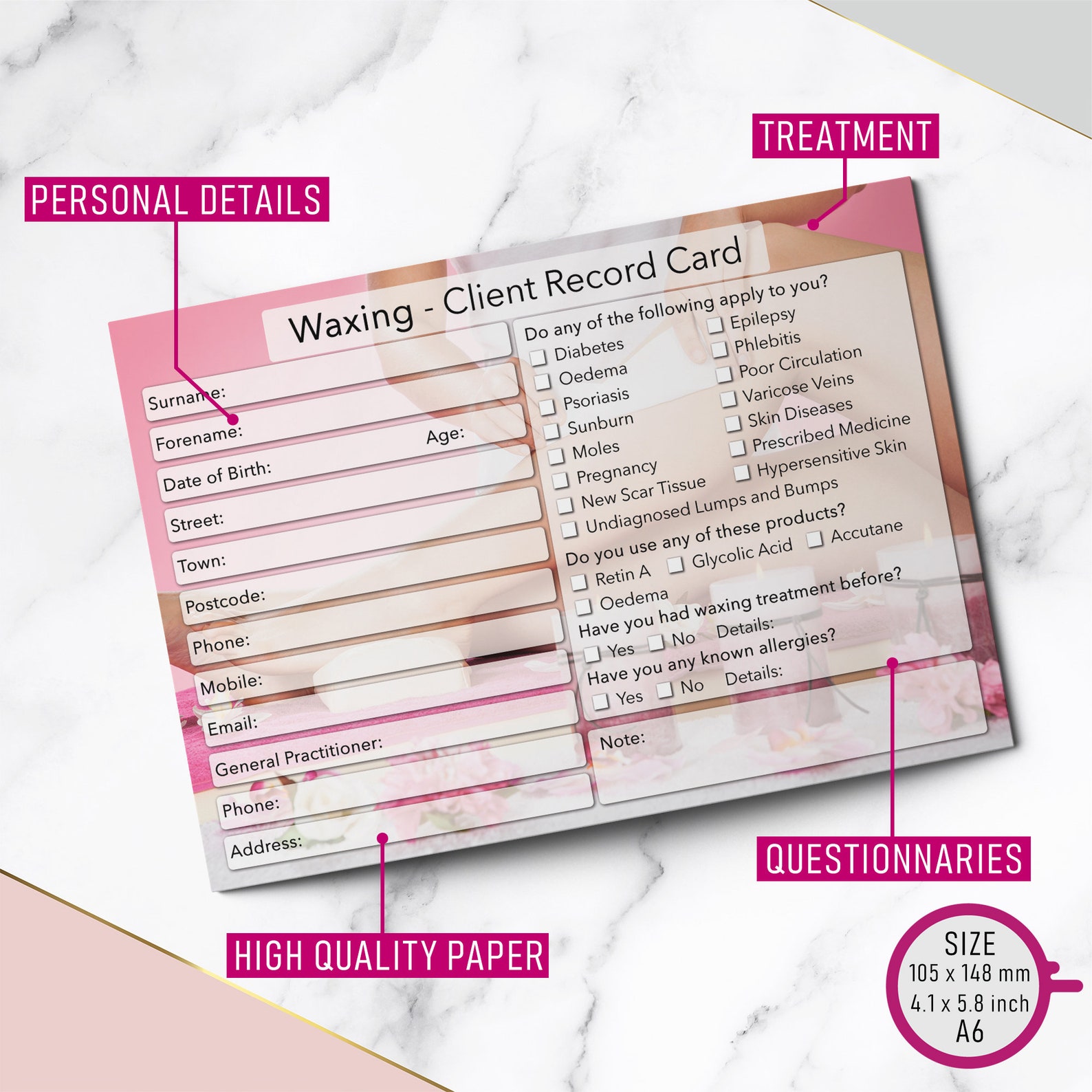 Waxing Client Card / Client Record Card / Treatment Consultation Card ...