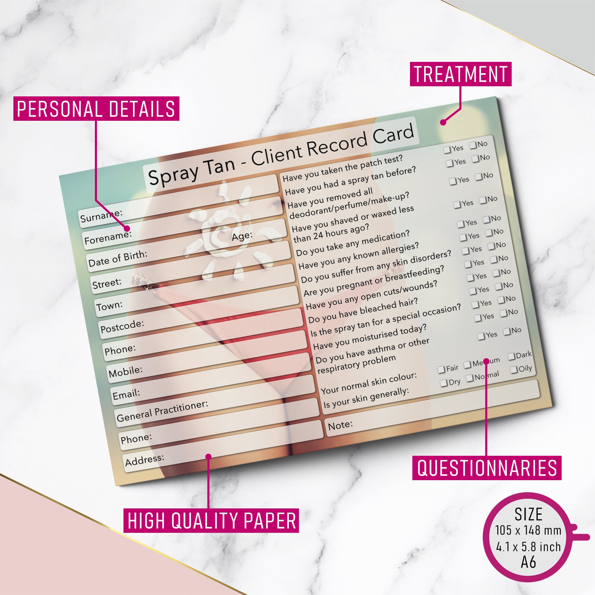 Spray Tan Client Card / Client Record Card / Treatment - Etsy