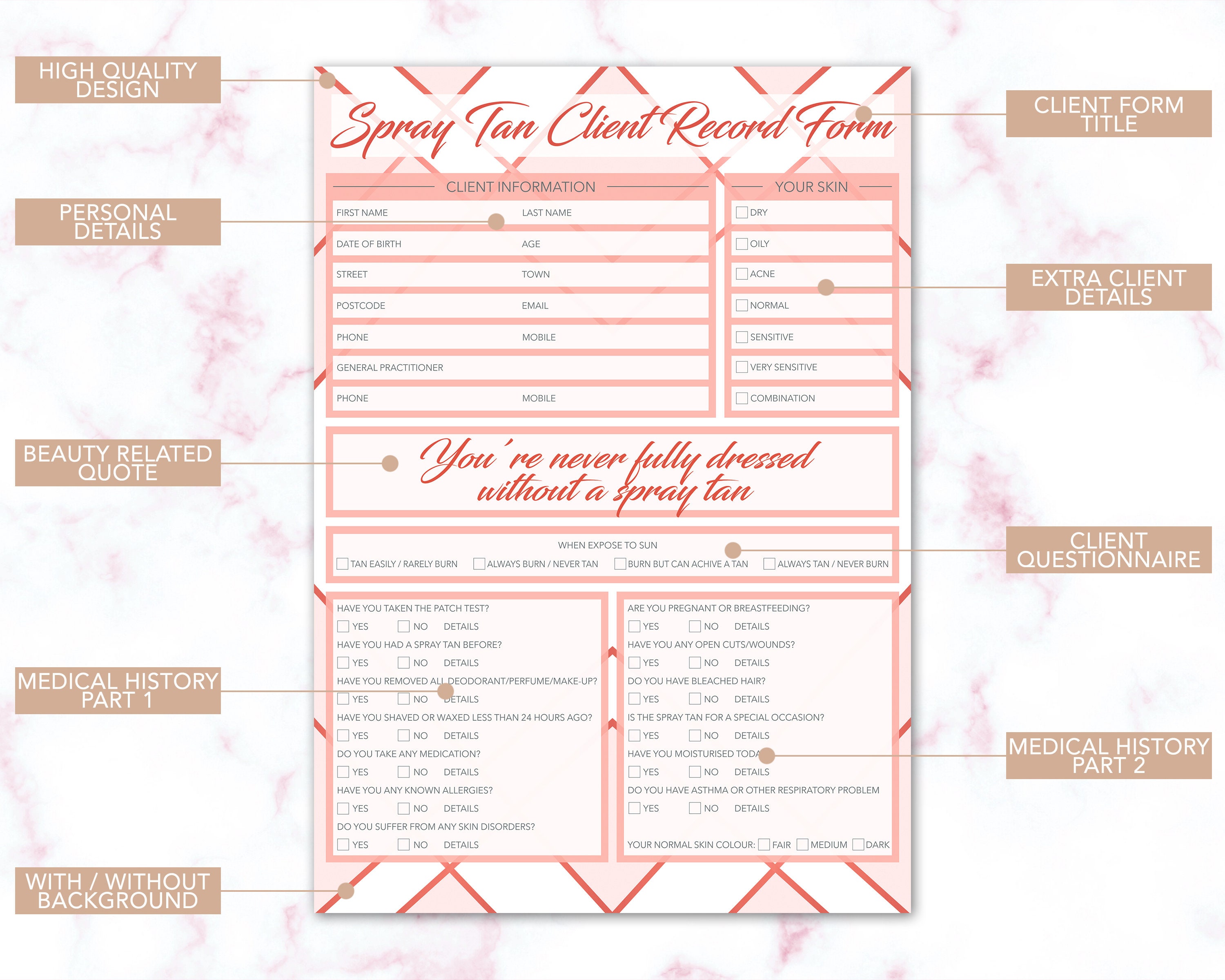 Spray Tan Client Record Form Consultation Treatment Salon Stationery ...