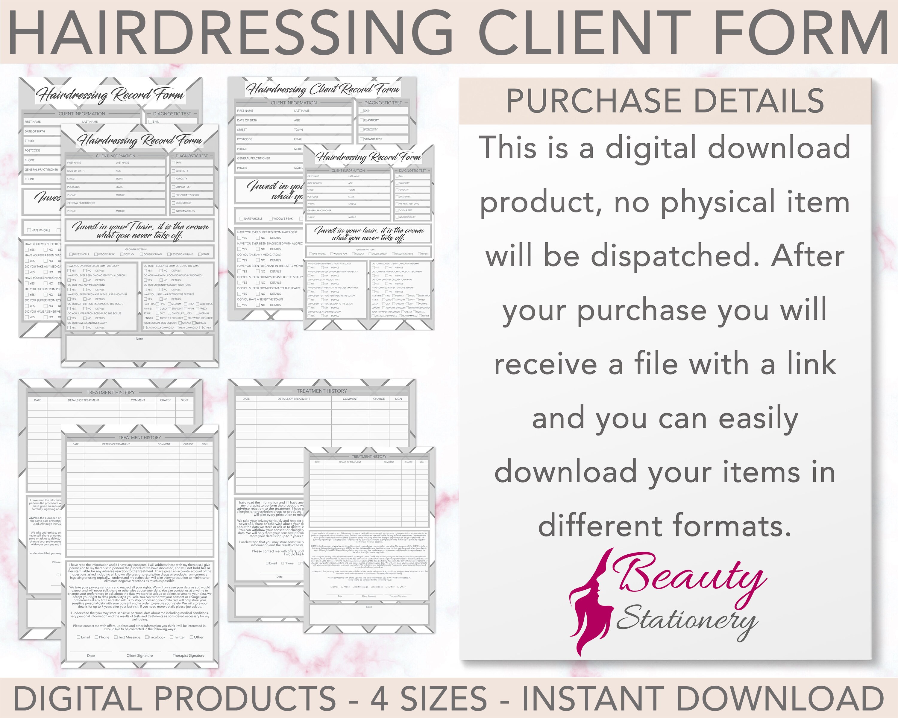 Hairdressing Client Record Form Consultation Treatment Salon Stationery ...