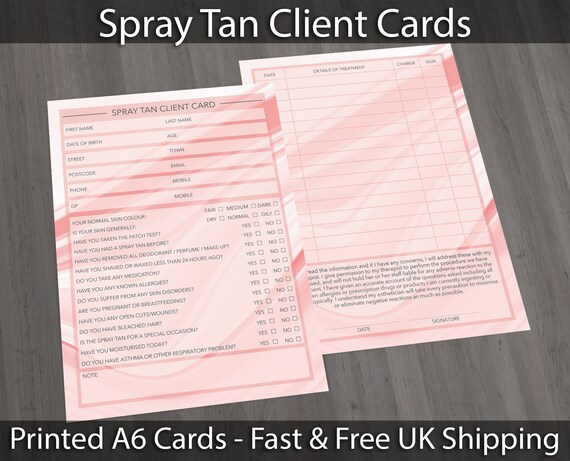 Spray Tan Client Card / Client Record Card / Treatment | Etsy