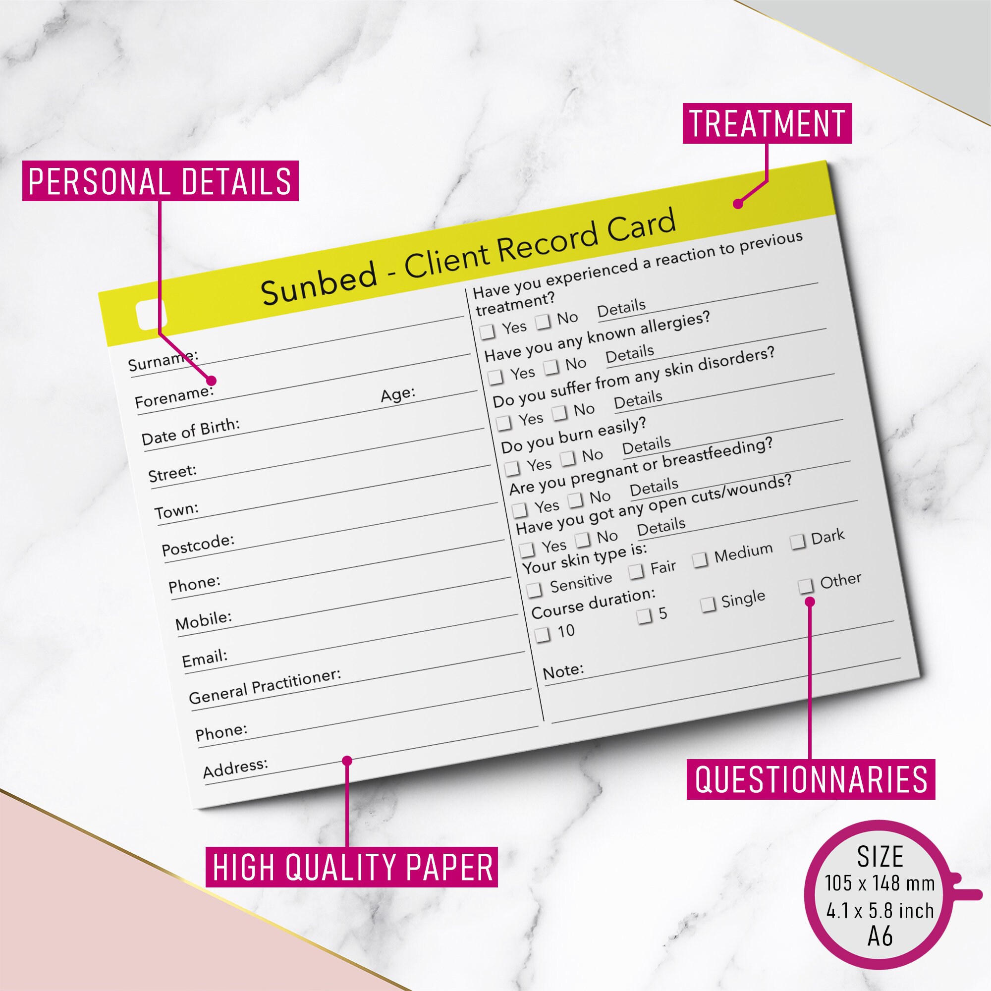 Sunbed Client Card / Client Record Card / Treatment Consultation Card ...