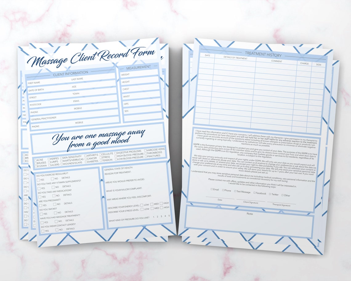 Massage Client Record Form Consultation Treatment Salon Stationery ...