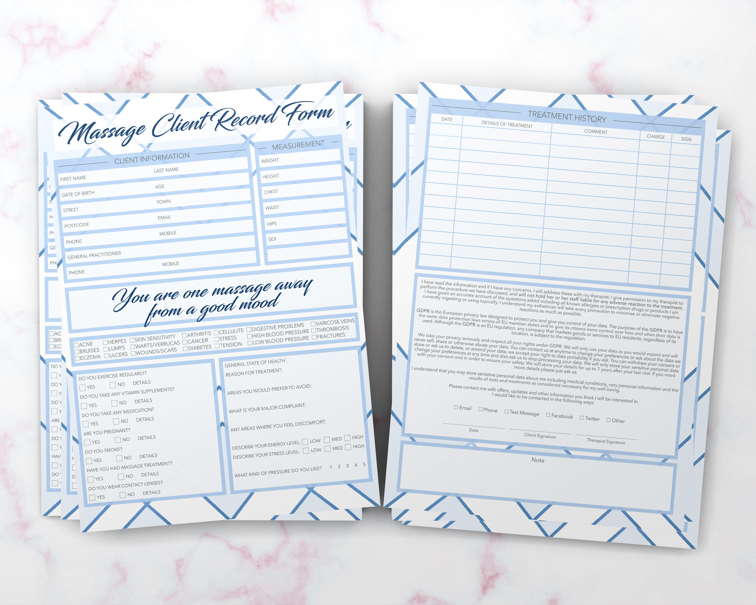 Massage Client Record Form Consultation Treatment Salon Stationery ...