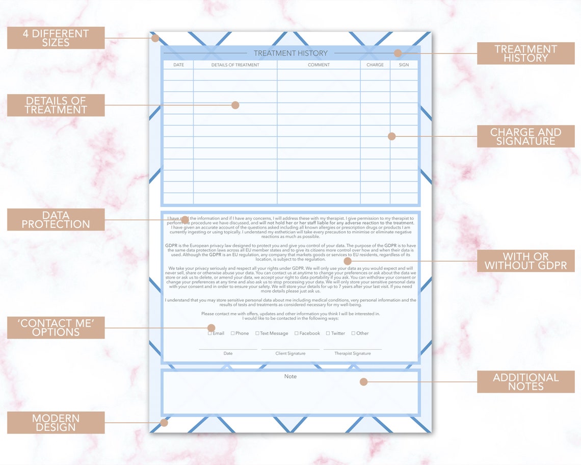 Massage Client Record Form Consultation Treatment Salon Stationery ...