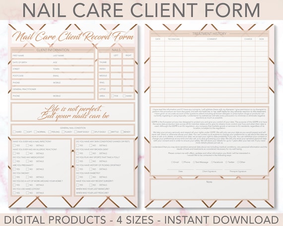 Nail Care Client Record Form Consultation Treatment Salon | Etsy