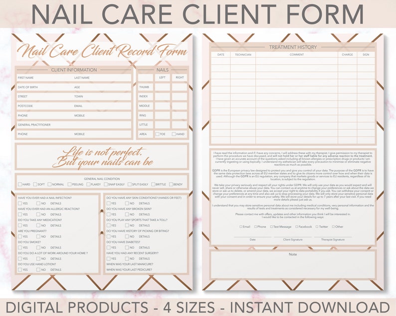 Nail Care Client Record Form Consultation Treatment Salon Stationery ...