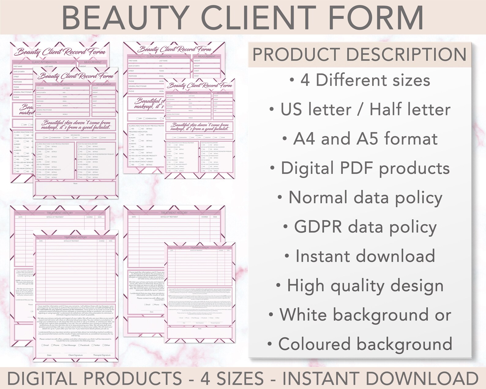 Beauty Client Record Form Consultation Treatment Salon Stationery ...
