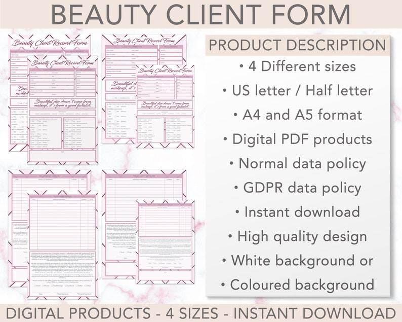 Beauty Client Record Form Consultation Treatment Salon Stationery ...