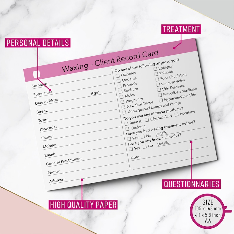 Waxing Client Card / Client Record Card / Treatment - Etsy
