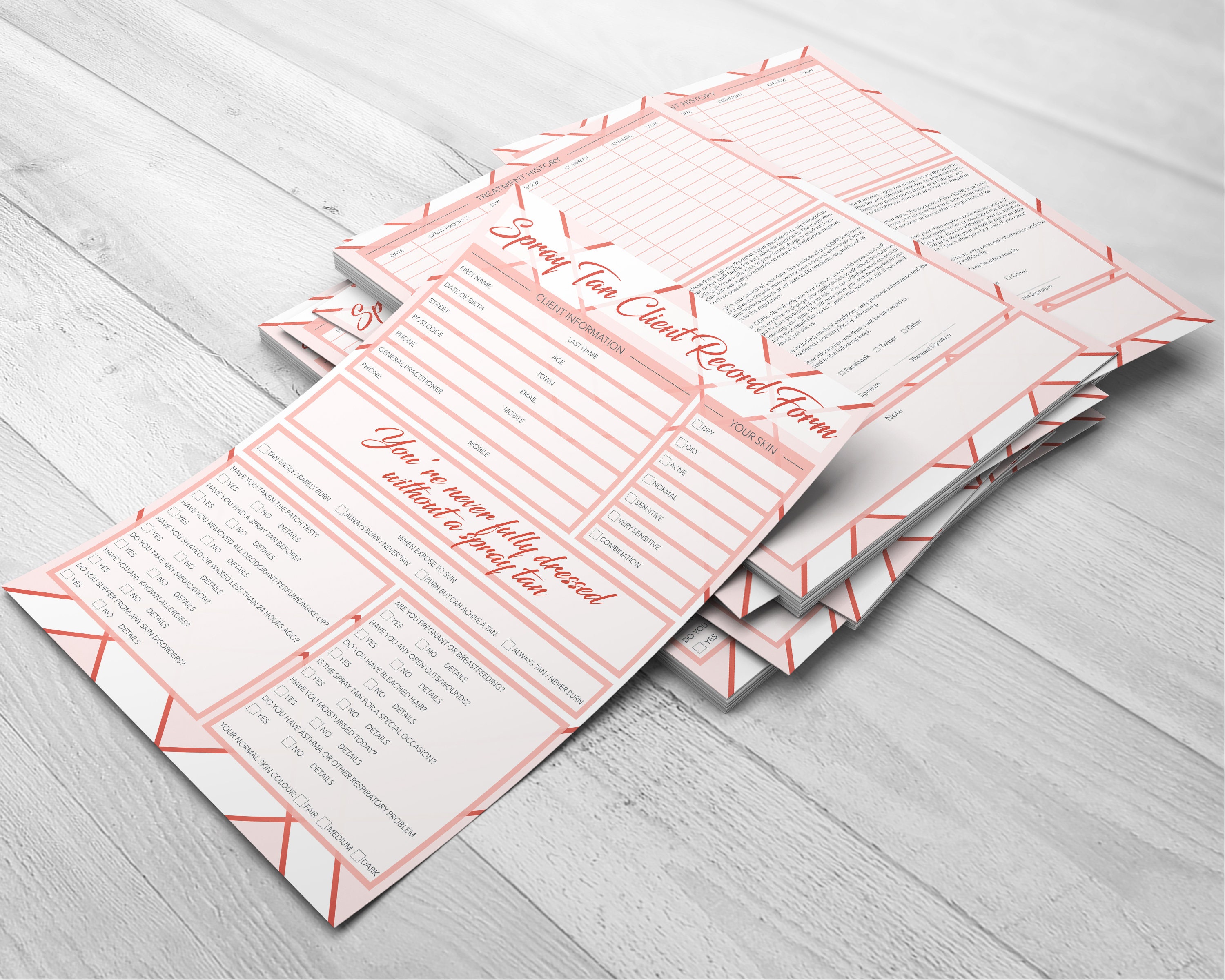 Spray Tan Client Record Form Consultation Treatment Salon Stationery ...