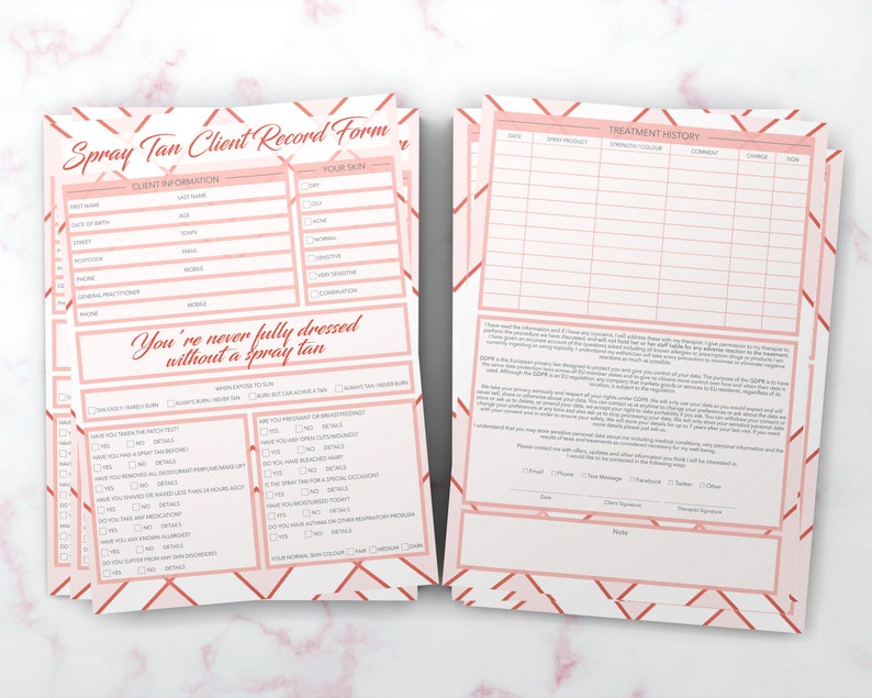 Spray Tan Client Record Form Consultation Treatment Salon Stationery ...