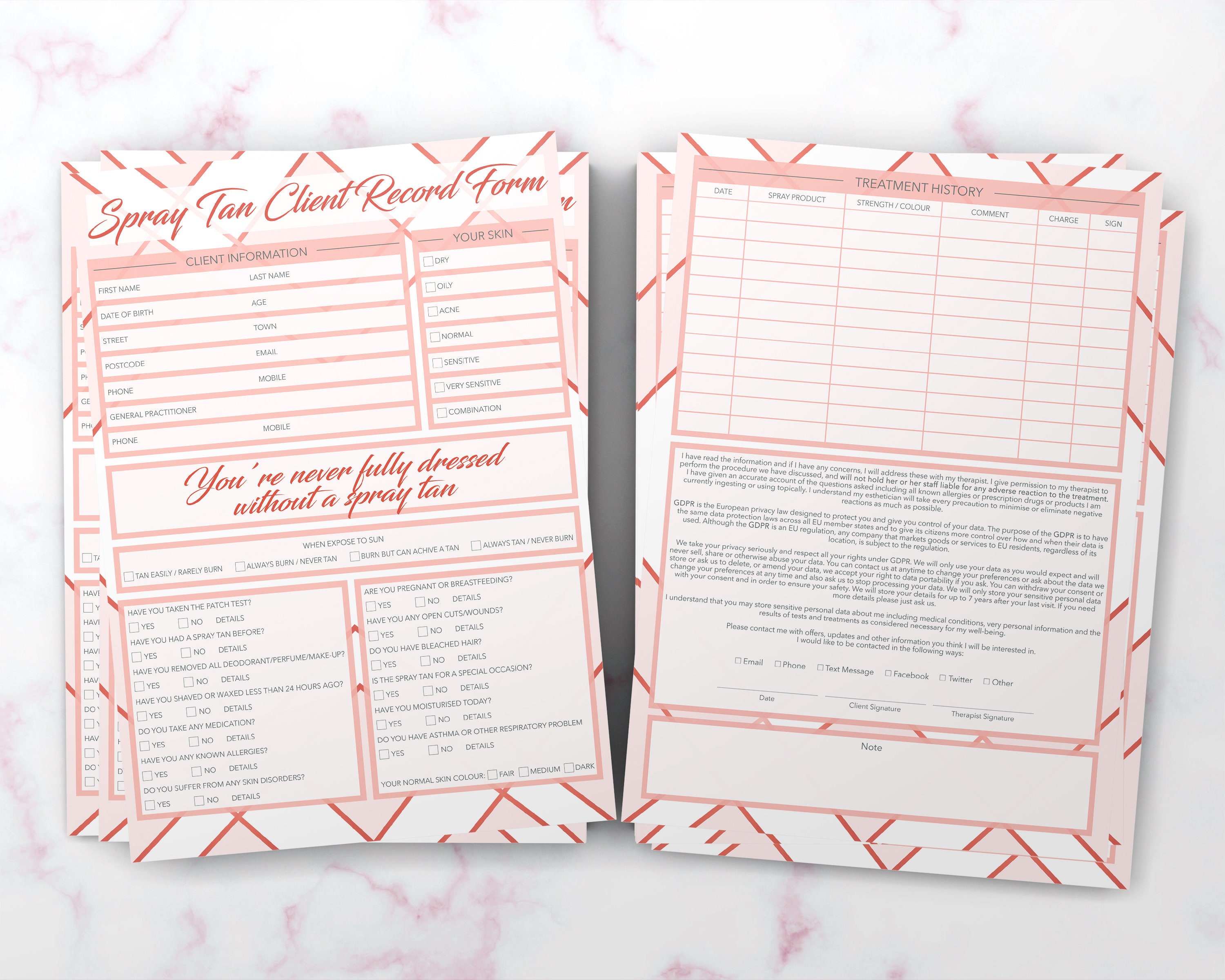 Spray Tan Client Record Form Consultation Treatment Salon Stationery ...