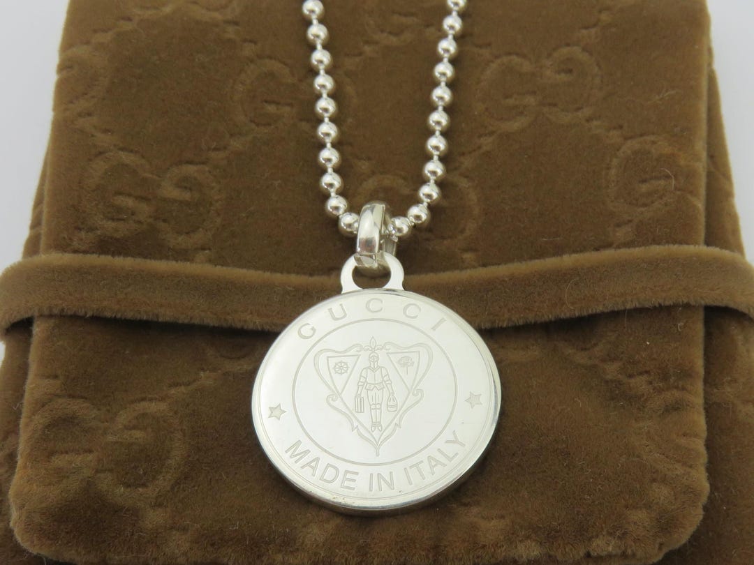 Gucci Sterling Silver Logo Round Tag Ball Chain Unisex Pendant Necklace ...