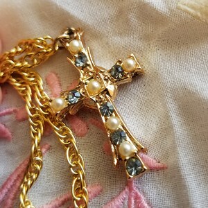 Golden Crucifix Pearls and Aquamarine Rhinestones, Easter Gift ...