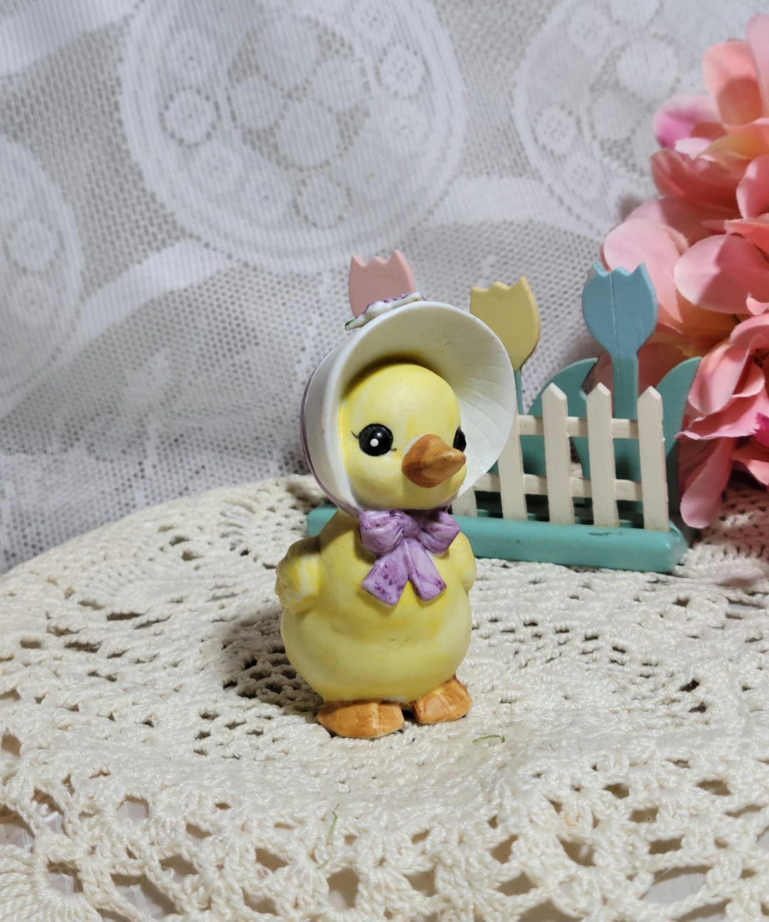 Yellow Duck Figurine, Bisque Porcelain Duckie With a Spring Hat, Easter Decoration - Etsy