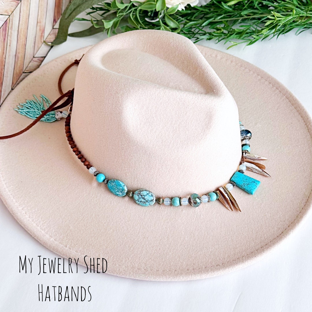 Turquoise and Shell Gemstone Hat Band, Hat Jewelry, Hat Decor, Western ...