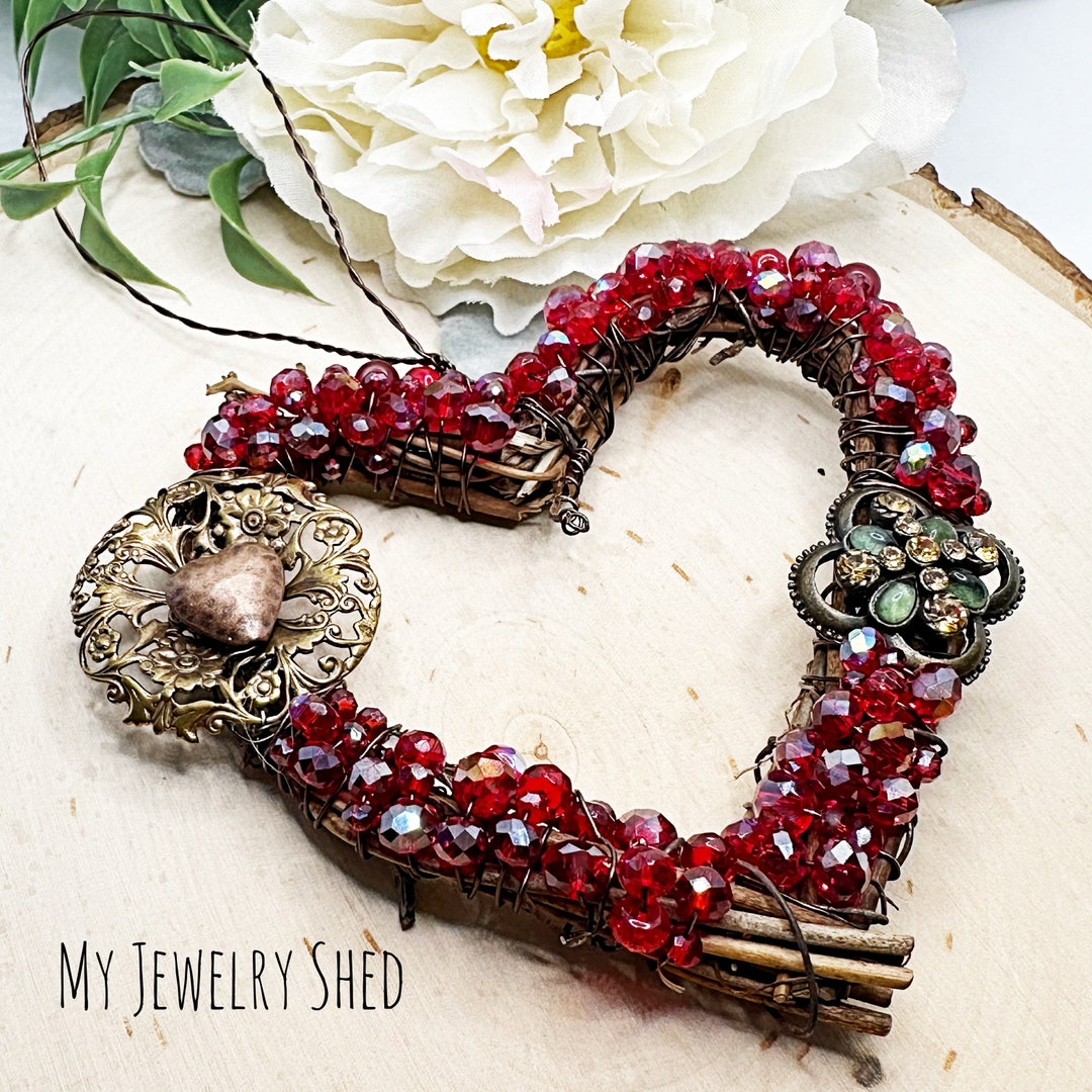 Red Beaded Heart Wreath, Grapevine Mini Wreath, Heart Wreath Ornament ...