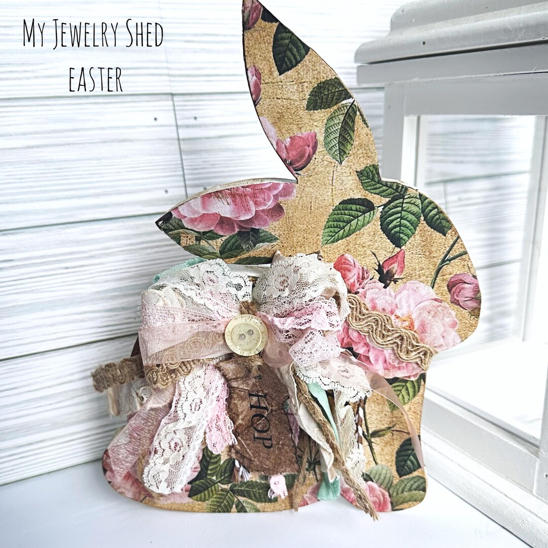 Chunky Wood Hop Easter Bunny Shelf Sitter Decor, Floral Country Bunny ...