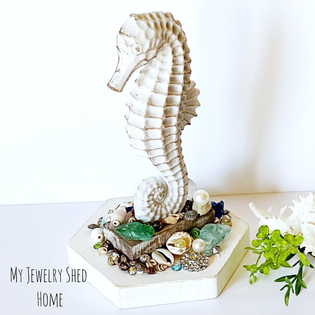 Resin Seahorse Statue With Natural Shells, Seahorse Figurine on Hexagon ...