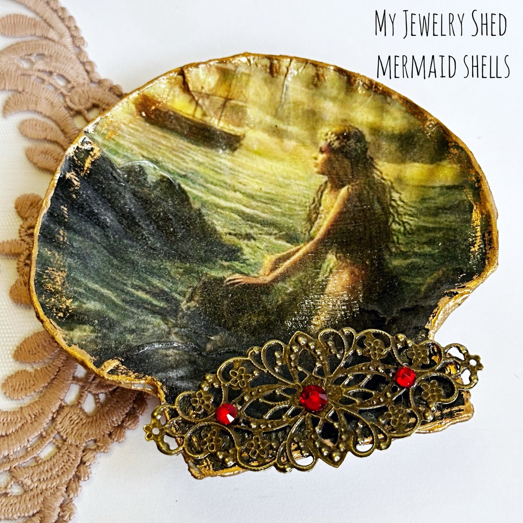 Mermaid Clamshell Jewelry Dish, Gold Leaf Clamshell Dish, Decoupaged ...