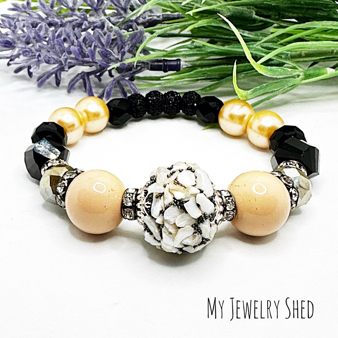 Boho Shell Beaded Stretch Bracelet: Black & Champagne Artisan Jewelry ...