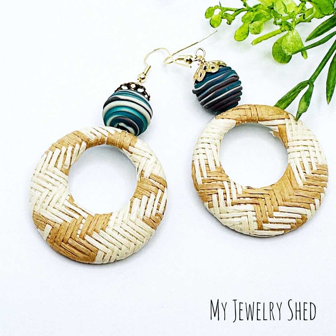 Woven Rattan Hoop Earrings, Raffia Polymer Clay Earrings, Vacation ...