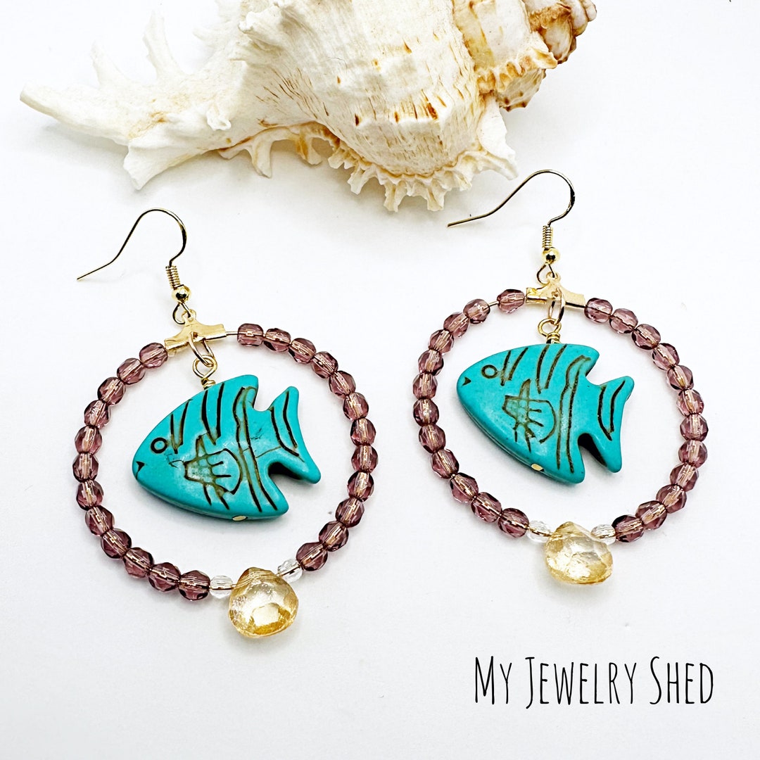 Turquoise Fish Hoop Earrings, Fish Jewelry, Beach Boho Jewelry, Cute ...