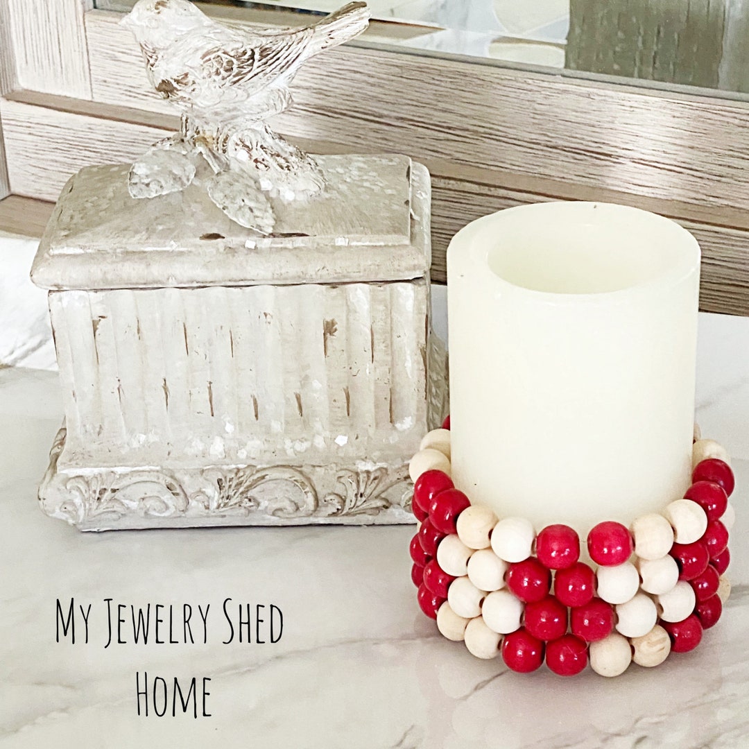 Red & Natural Wood Bead Candle Ring: Farmhouse Candle Decor - Etsy