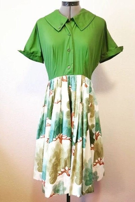 1950s Green Print Dress & Jacket Set | 50s Green Navy… - Gem